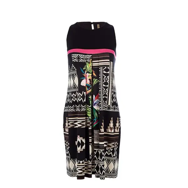 CONQUISTA Sleeveless A-line Dress With Jungle Print And Fuchsia Panel