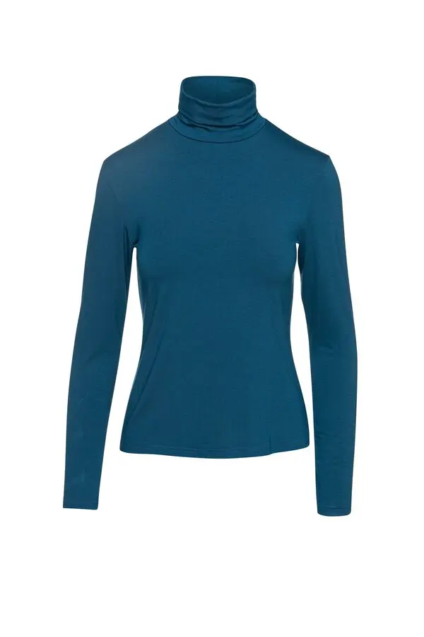 CONQUISTA Fitted Turtle Neck Long Sleeve Top In Sustainable Fabric - Blue
