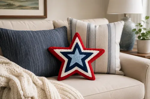 C&F HOME Patriotic Red White & Star Shaped Hooked Accent Throw Pillow, 18" X 18"