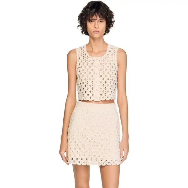 Sandro Beaded Crochet Cropped Cardigan - Ecru