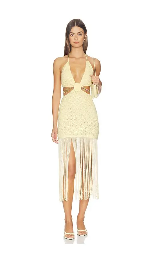CAPITTANA Zoe Knit Halterneck Dress With Fringe - Yellow