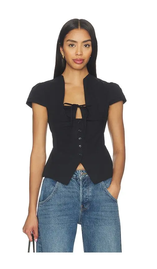 Lioness Kendall Top With Puff Sleeves And Front Tie Detail - Noir