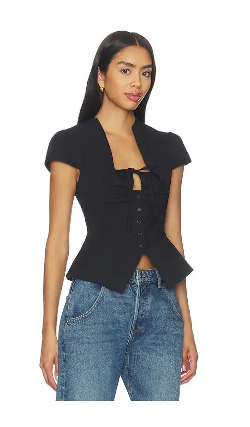 Lioness Kendall Top With Puff Sleeves And Front Tie Detail - Noir
