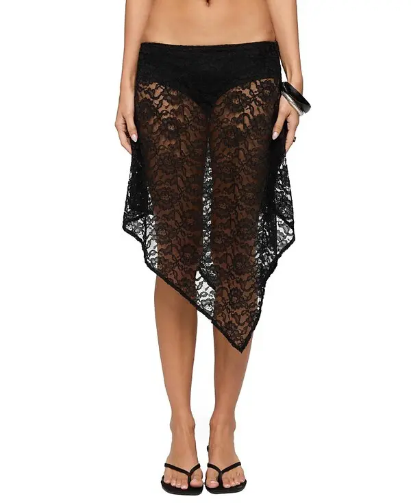 EDIKTED Sheer Lace Handkerchief Midi Skort - Black