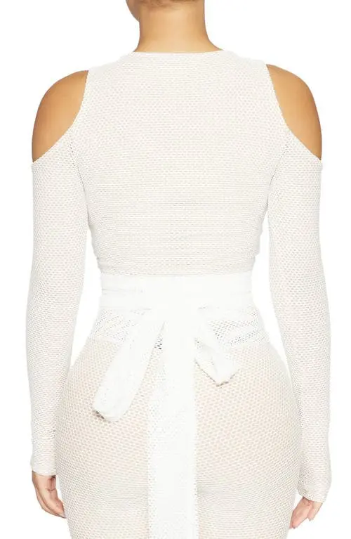 Naked Wardrobe Cold-shoulder Mesh Top With Crisscross Waist