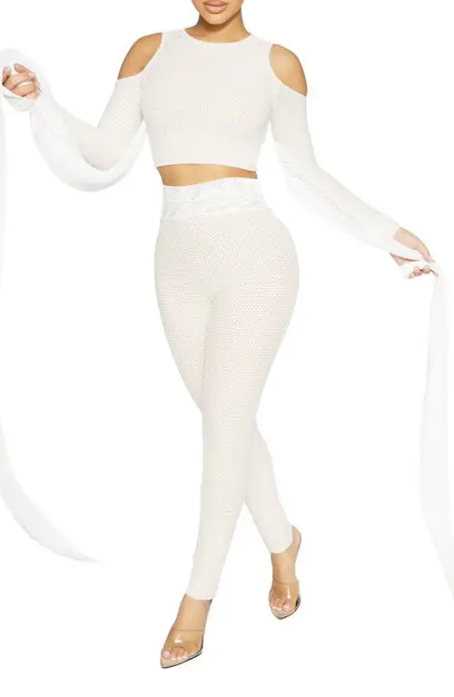 Naked Wardrobe Cold-shoulder Mesh Top With Crisscross Waist