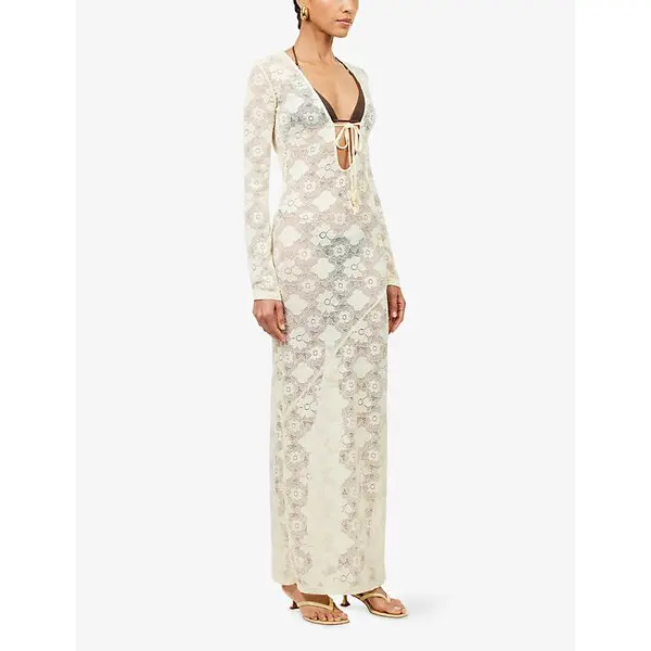 HYPHEN Long-sleeve Semi-sheer Lace Maxi Dress