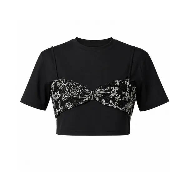 SAN MALÓ Cropped T-shirt With Lace Bikini Overlay - Black