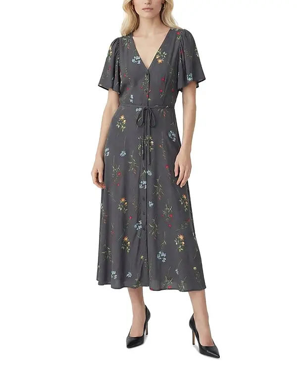 Vero Moda Floral Print Midi Dress With V-neck And Flutter Sleeves - Asphalt