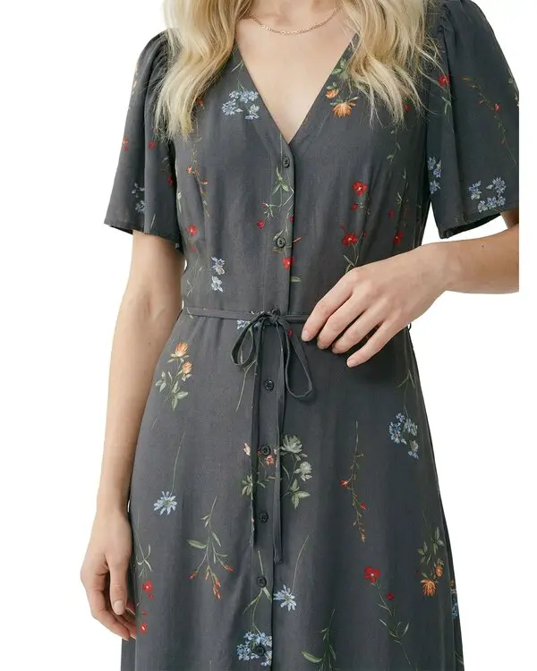 Vero Moda Floral Print Midi Dress With V-neck And Flutter Sleeves