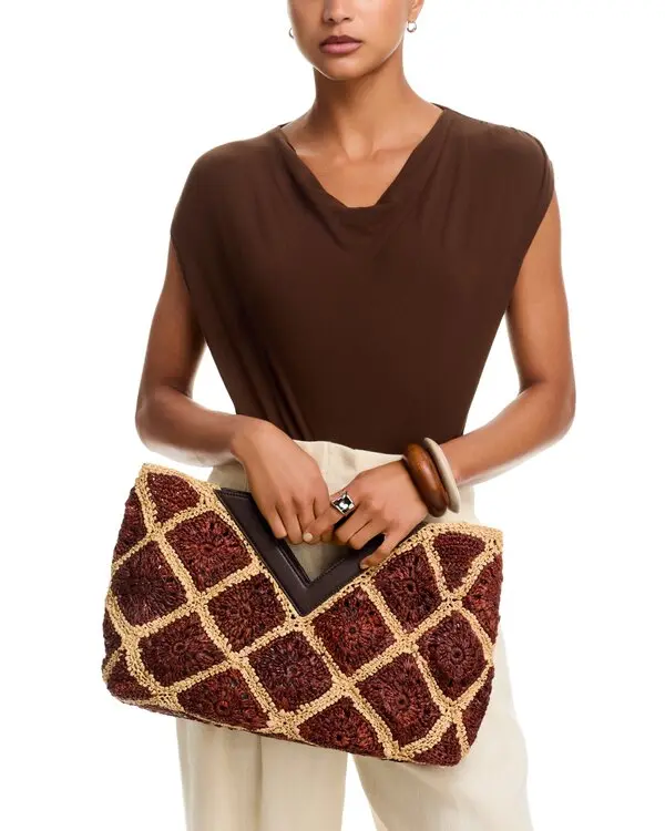 Veronica Beard Vesper Raffia Crochet Clutch - Espresso Multi