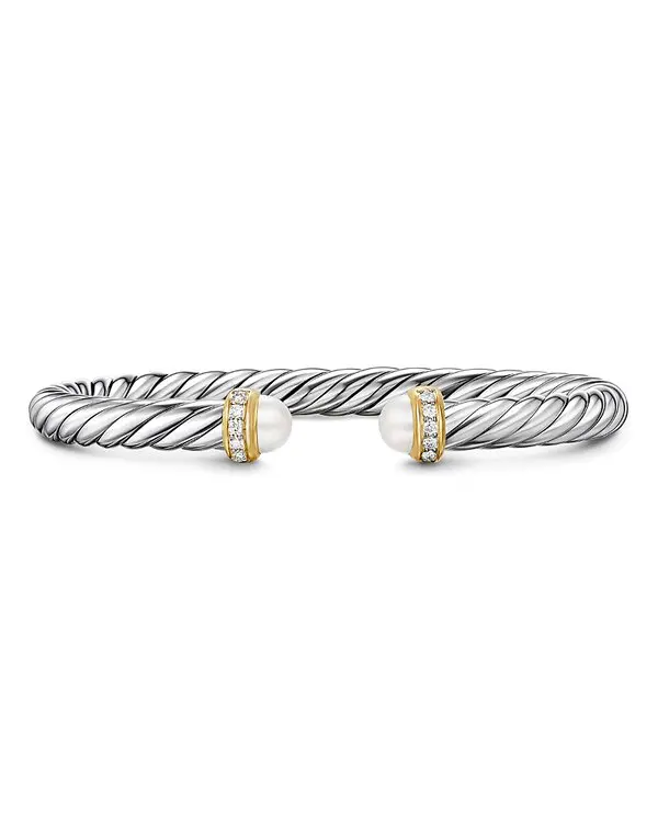 David Yurman Cable Flex Bracelet In Sterling Silver With 14k Yellow Gold, Pearls And Diamonds, 6mm - White/gold/silver