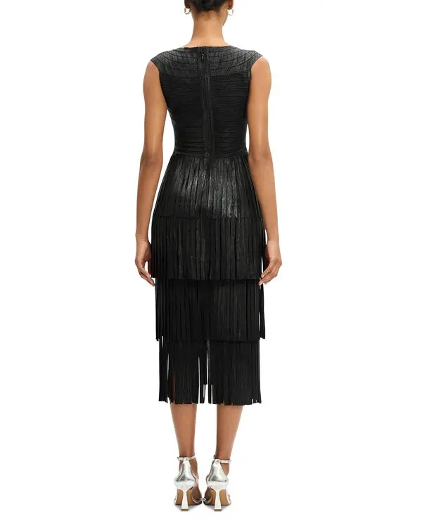 Herve Leger V Neck Foil Fringe Midi Dress