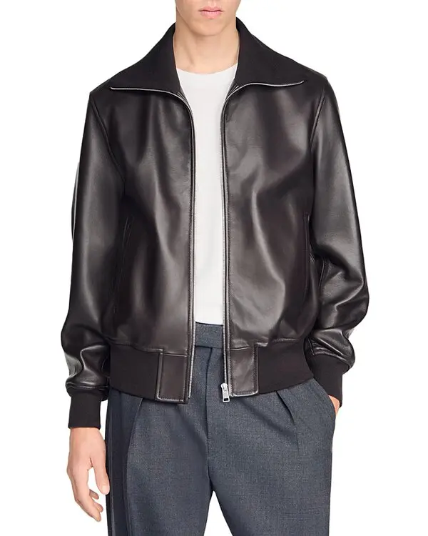 Sandro Harry Full Grain Leather Bomber Jacket - Chocolate