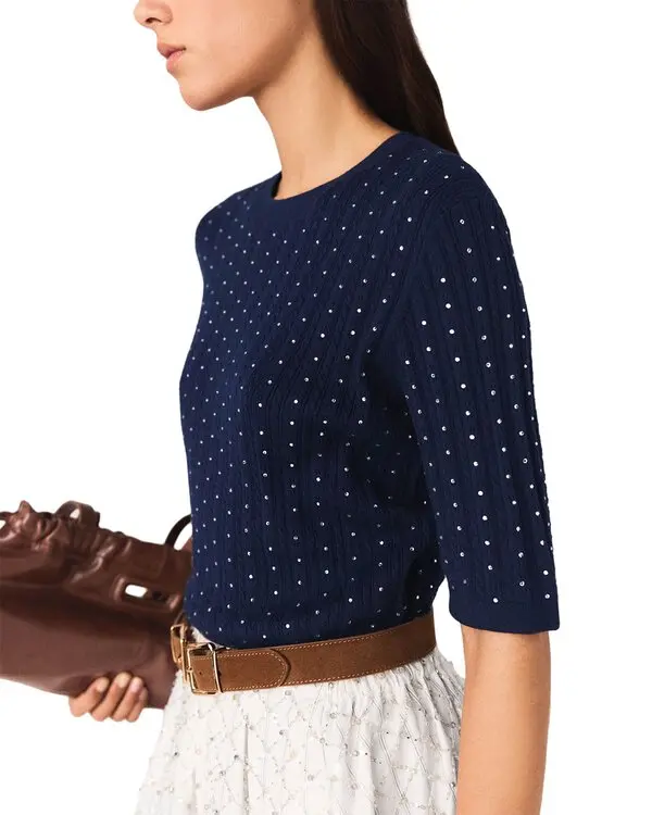 Maje Round Neck Rhinestone Sweater