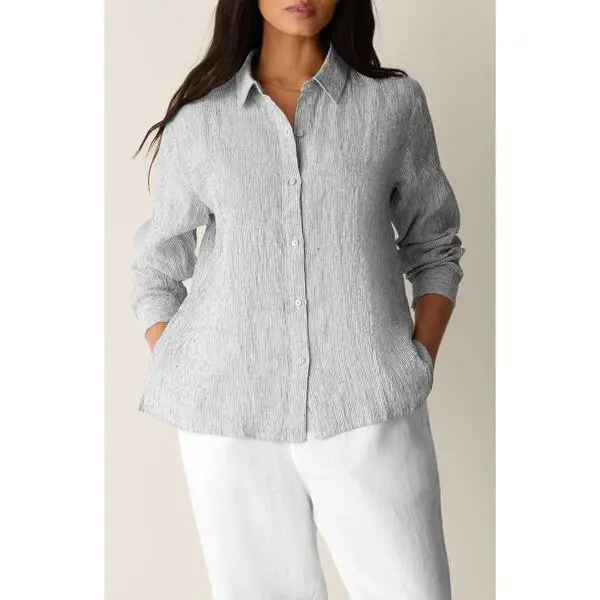 Eileen Fisher Organic Linen Stripe Shirt - White Black