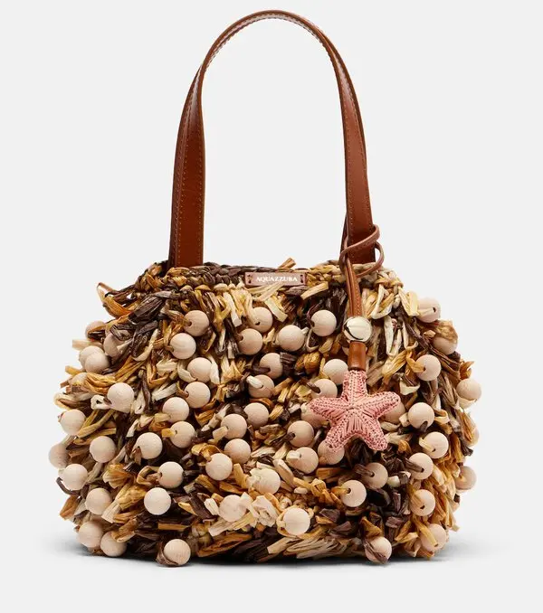 AQUAZZURA Pom Pom Beaded Top-handle Bag - Beige