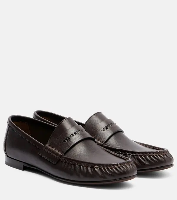 Brunello Cucinelli Monili Leather Penny Loafers - Brown