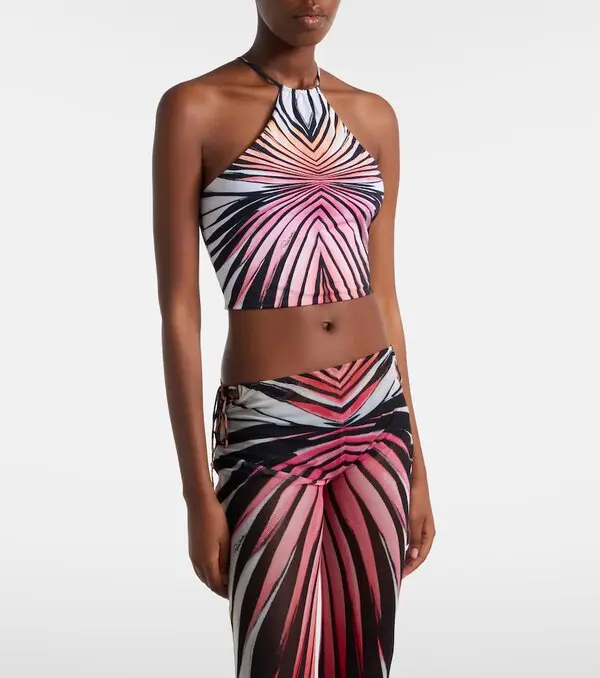 Roberto Cavalli Printed Halterneck Mesh Crop Top