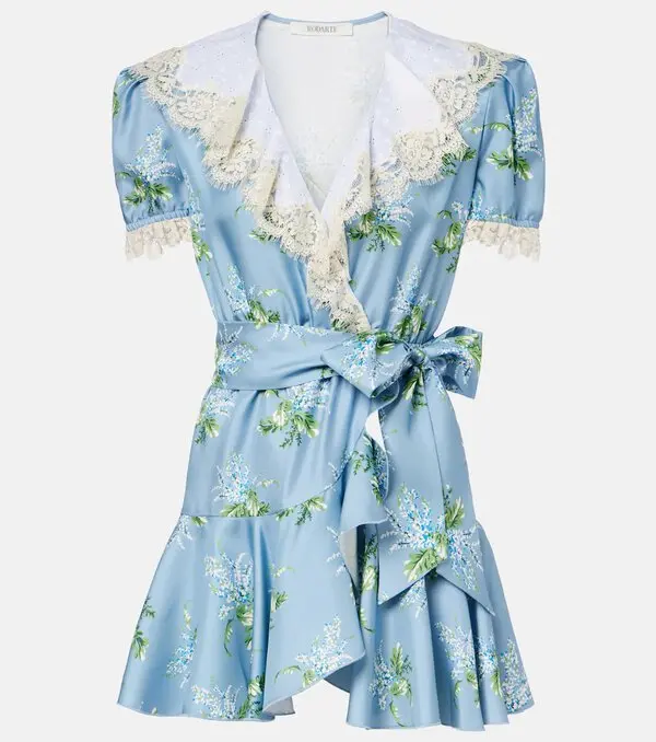 RODARTE Floral Lace-trimmed Silk Twill Minidress - Blue