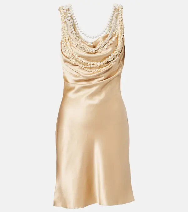 Balmain Embellished Silk Satin Slip Dress - Beige