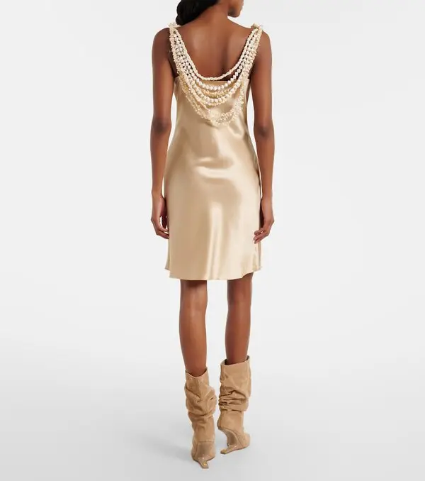 Balmain Embellished Silk Satin Slip Dress - Beige