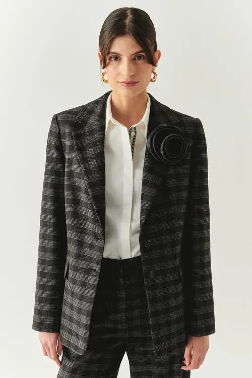 EXQUISE Plaid Blazer With Shirt Collar