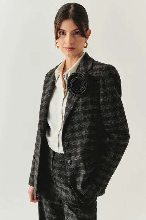 EXQUISE Plaid Blazer With Shirt Collar