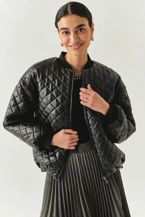 EXQUISE Quilted Faux Leather Bomber Jacket