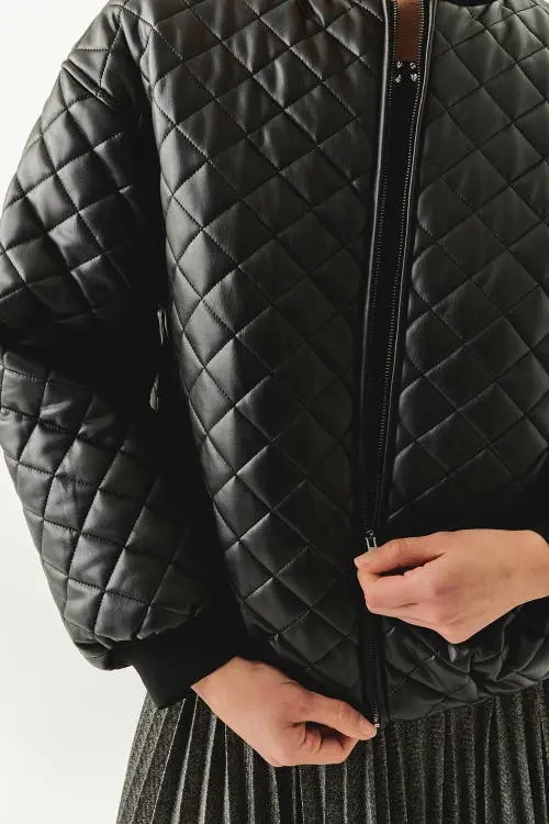 EXQUISE Quilted Faux Leather Bomber Jacket