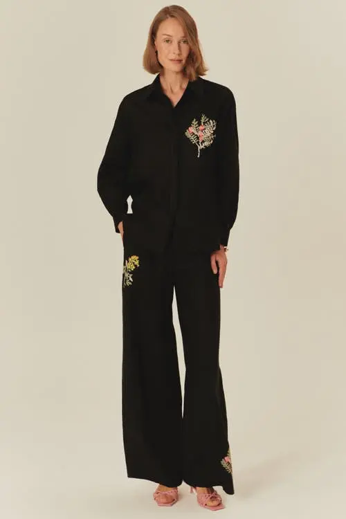 EXQUISE High Waist Wide Leg Linen Trousers - Black