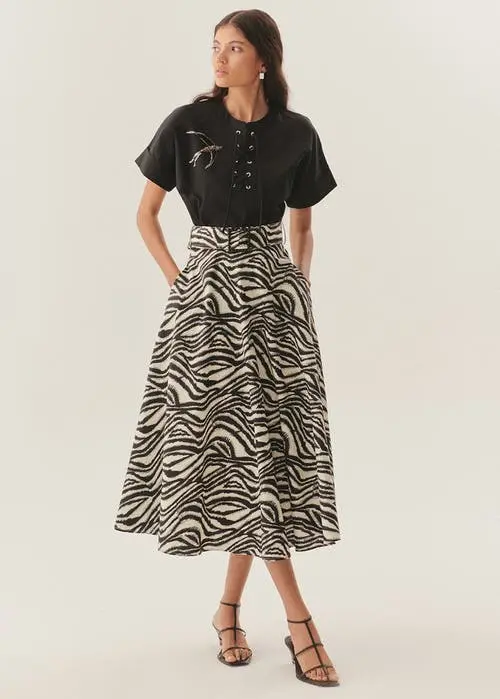 EXQUISE Zebra Print Buckled Cotton Midi Skirt - Black