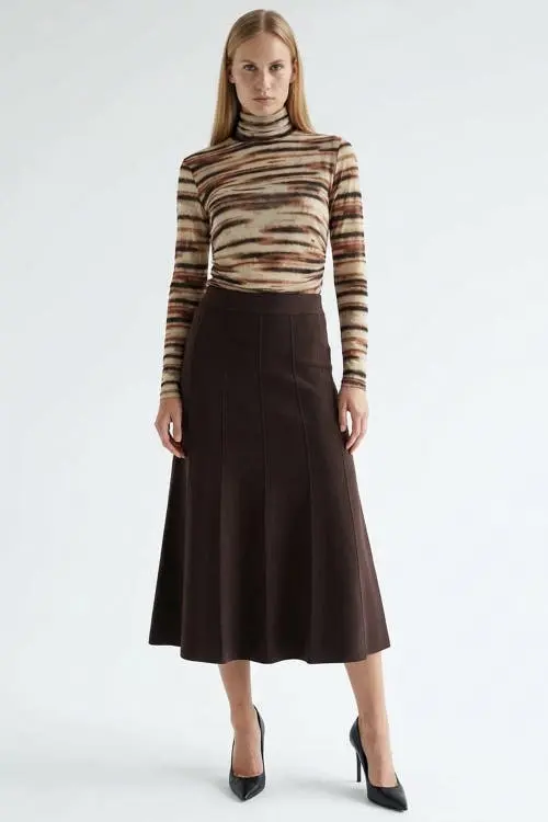 EXQUISE High Waist Knit Midi Skirt - Brown