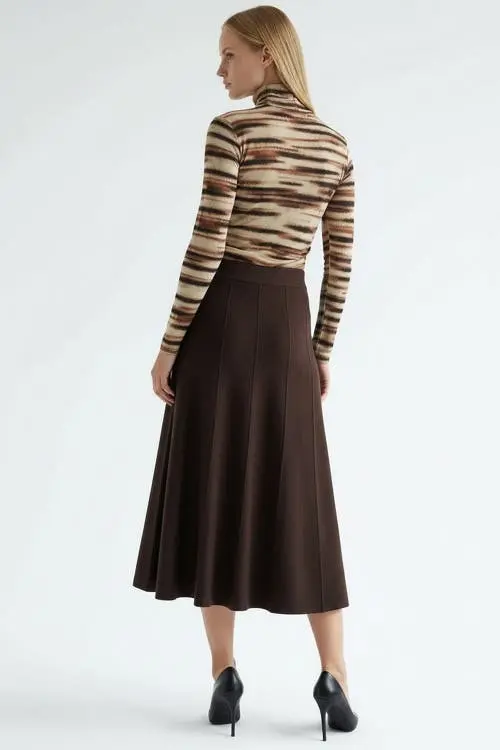 EXQUISE High Waist Knit Midi Skirt - Brown