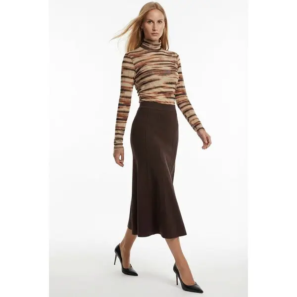 EXQUISE High Waist Knit Midi Skirt - Brown