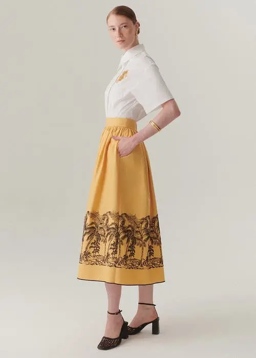 EXQUISE Callie Pleated Midi Skirt With Tropical Print