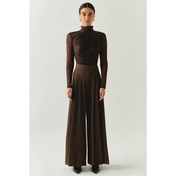 EXQUISE Wide-leg Back-pocketed Knit Pants - Brown