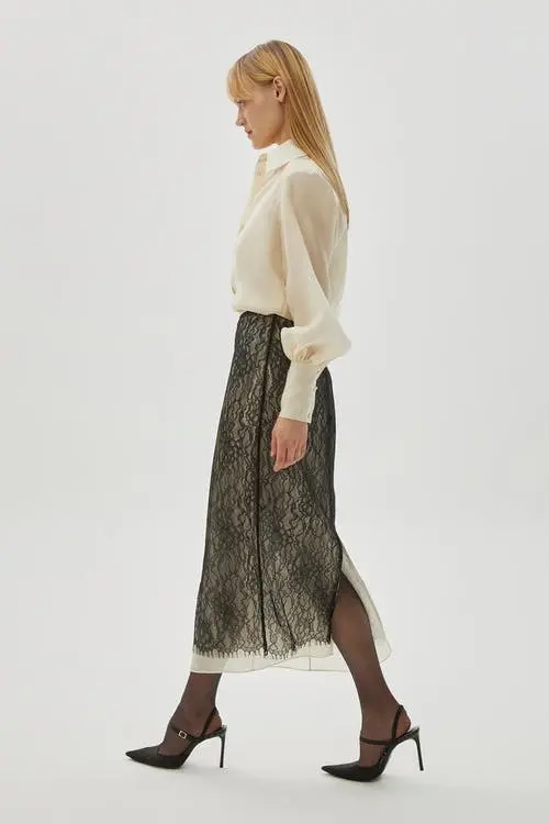 EXQUISE Tulle Lace Midi Skirt