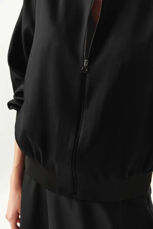 EXQUISE Lacey Satin Bomber Jacket - Black