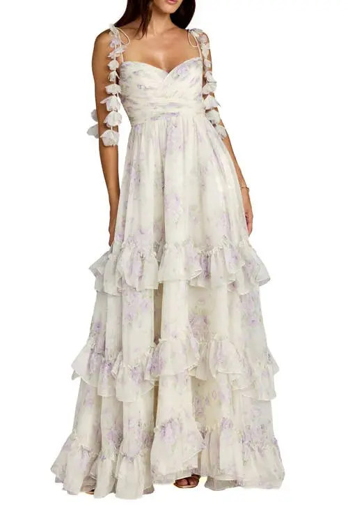 Mac Duggal Floral Chiffon Gown With Tiered Ruffles - Ivory Multi