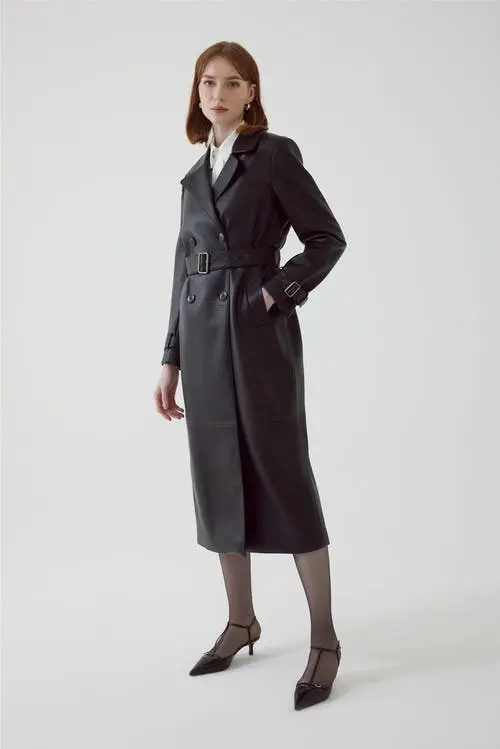 EXQUISE Belted Leather Trench Coat