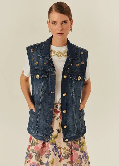 EXQUISE Serena Embellished Denim Vest