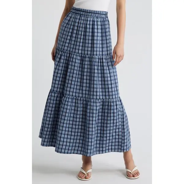 Princess Polly Rockwell Check Tiered Midi Skirt - Navy Check