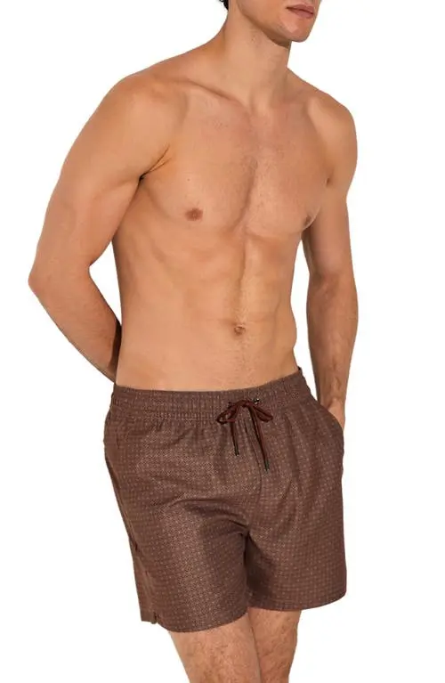 REISS Printed Swim Trunks With Elasticated Waist - Dark Brown