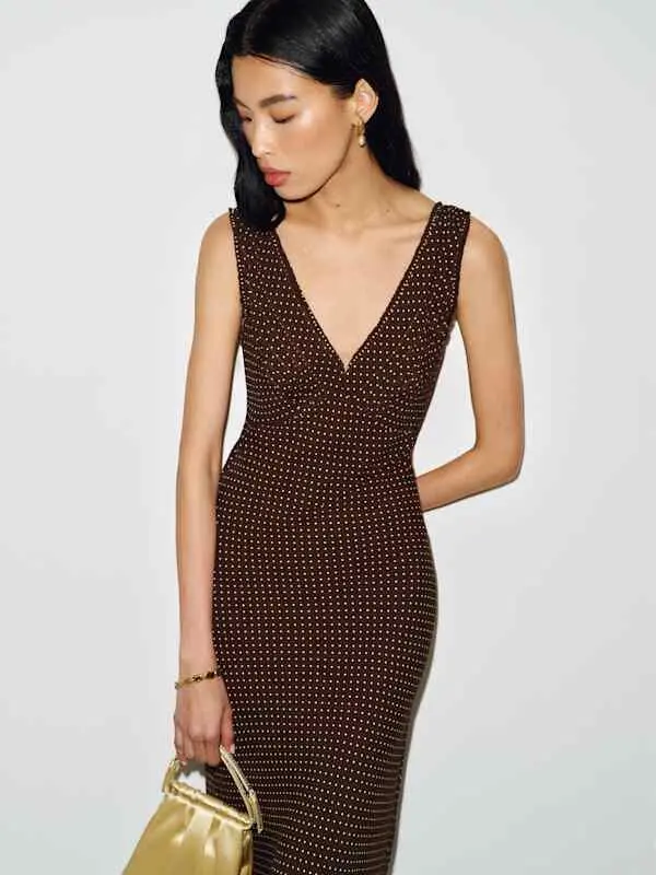 REFORMATION Anna-claire Midi Dress With V-neckline - Brown