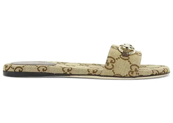 Gucci Horsebit Slide Sandal Gg Canvas - Beige/dark Brown