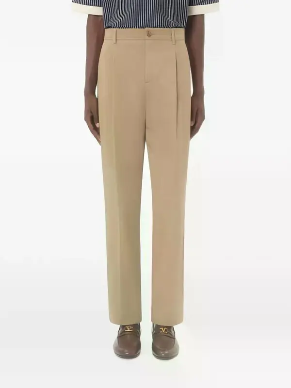 Valentino Garavani Trousers In Cotton Gabardine With Vlogo Embroidery - Neutrals