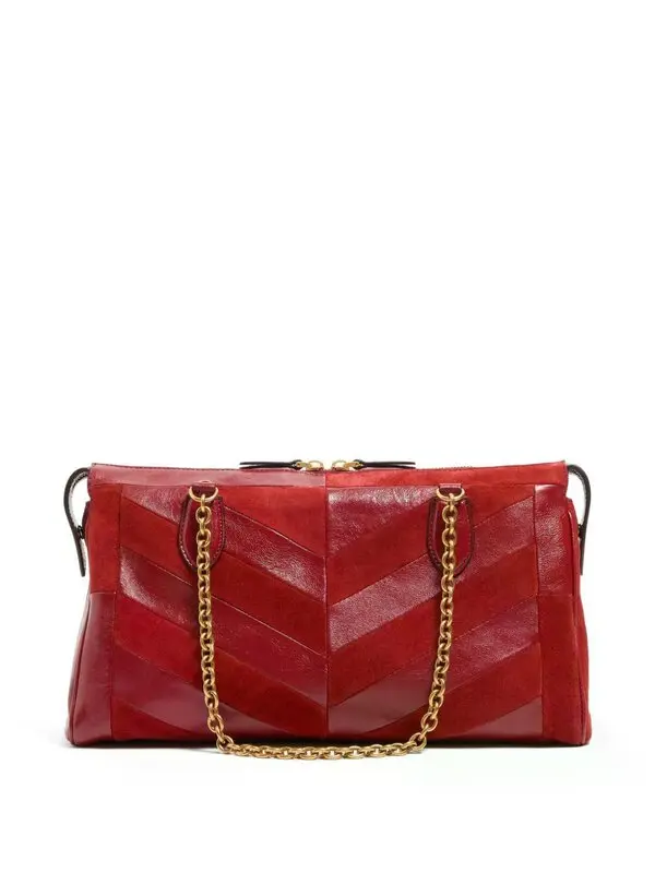Valentino Garavani Panthea Medium Shoulder Bag In Suede And Nappa Leather With Chevron Motif - Red
