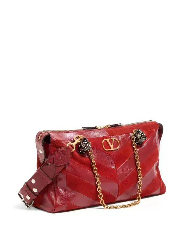 Valentino Garavani Panthea Medium Shoulder Bag In Suede And Nappa Leather With Chevron Motif - Red