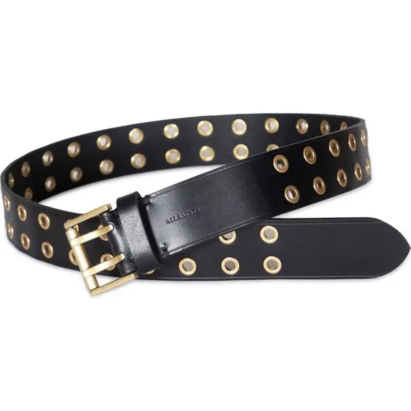 ALLSAINTS Leather Eyelet Belt - Black Antique Brass